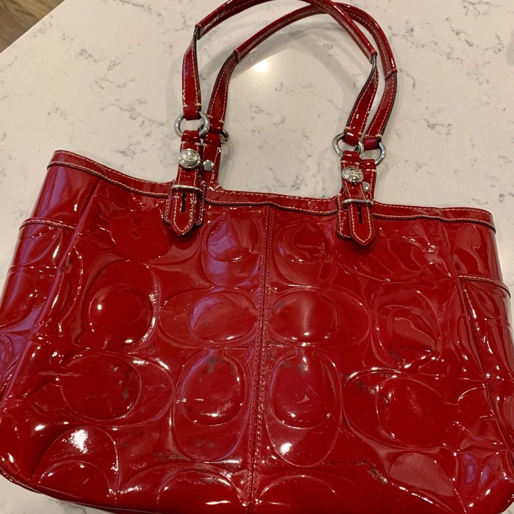 Coach Embossed Signature Red Leather Gallery Tote Bag - Gem